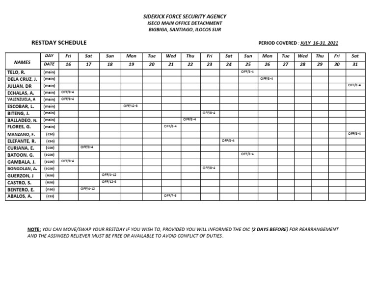 Restday Schedule: Sidekick Force Security Agency | PDF