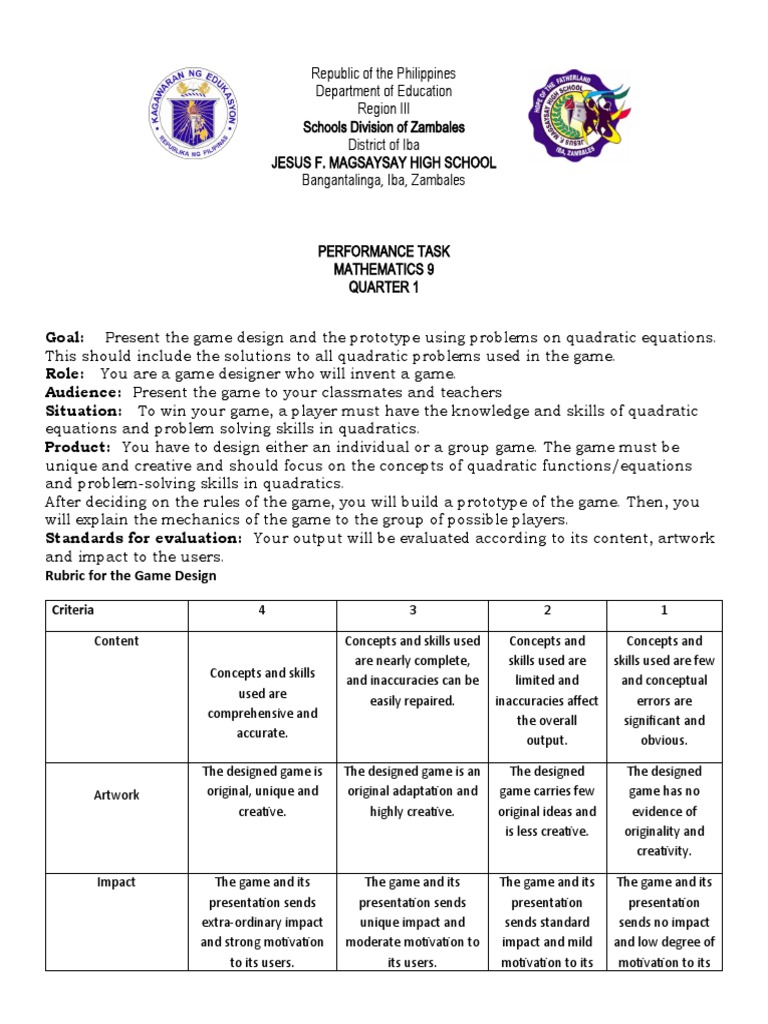 Q2.Math9.Performance Task | PDF | Quadratic Equation | Motivation