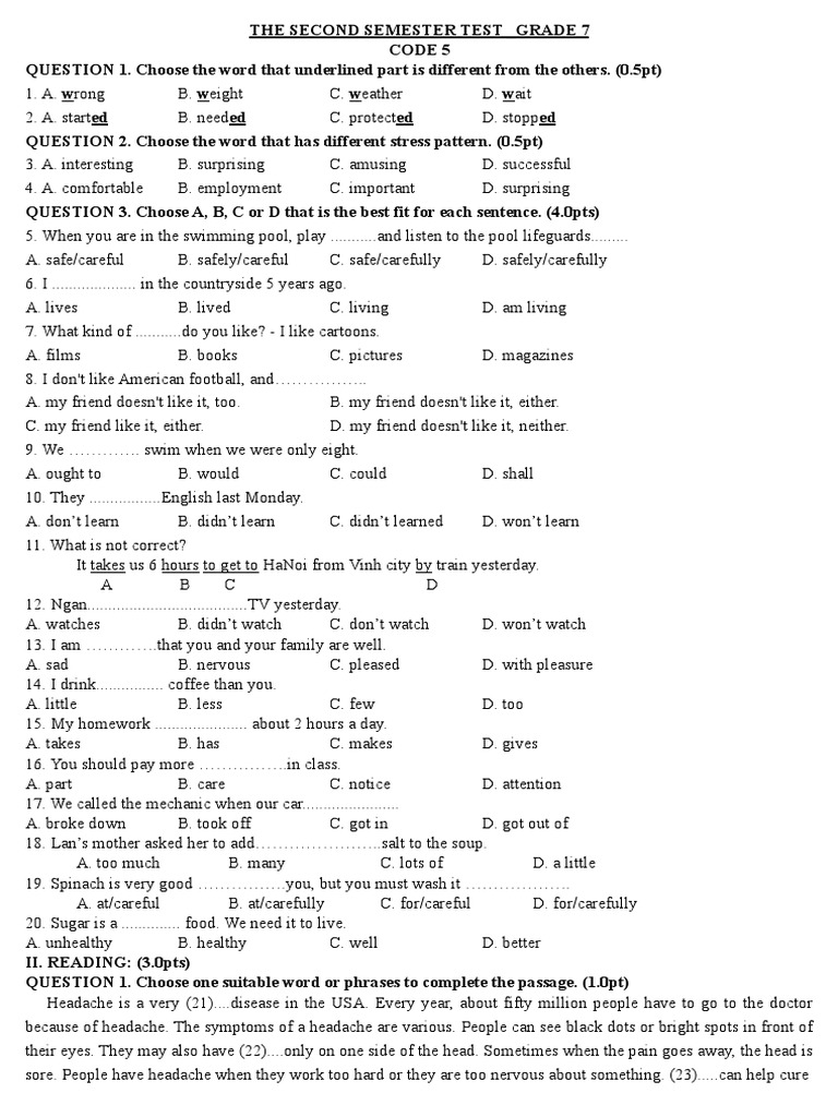 Grade 7 test questions cover reading, grammar and writing | PDF ...