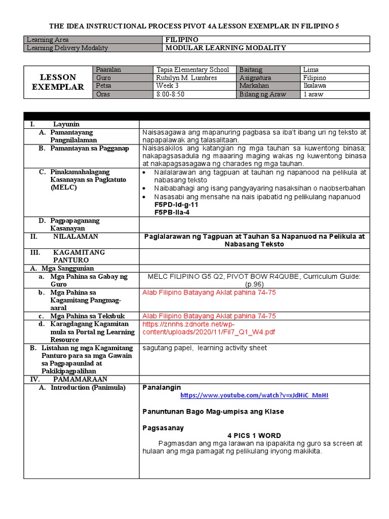The Idea Instructional Process Pivot 4a Lesson Exemplar in Filipino 5 | PDF