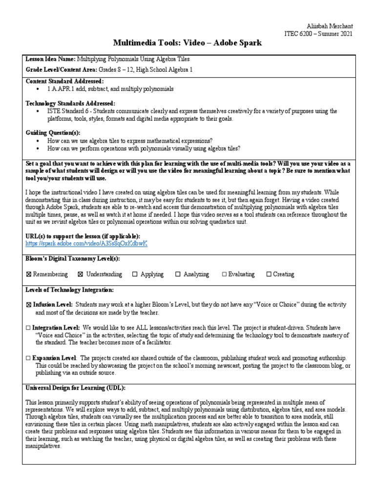 m11 Multimedia Video Lesson Plan - Adobe Spark | PDF | Multimedia | Algebra