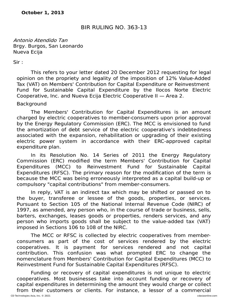BIR RULING NO. 363-13: Antonio Atendido Tan | PDF | Value Added Tax | Taxes