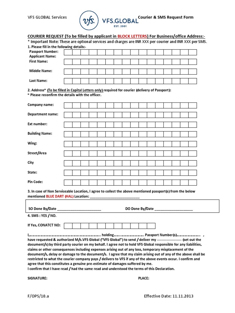 VFS GLOBAL Services: Courier & SMS Request Form | PDF