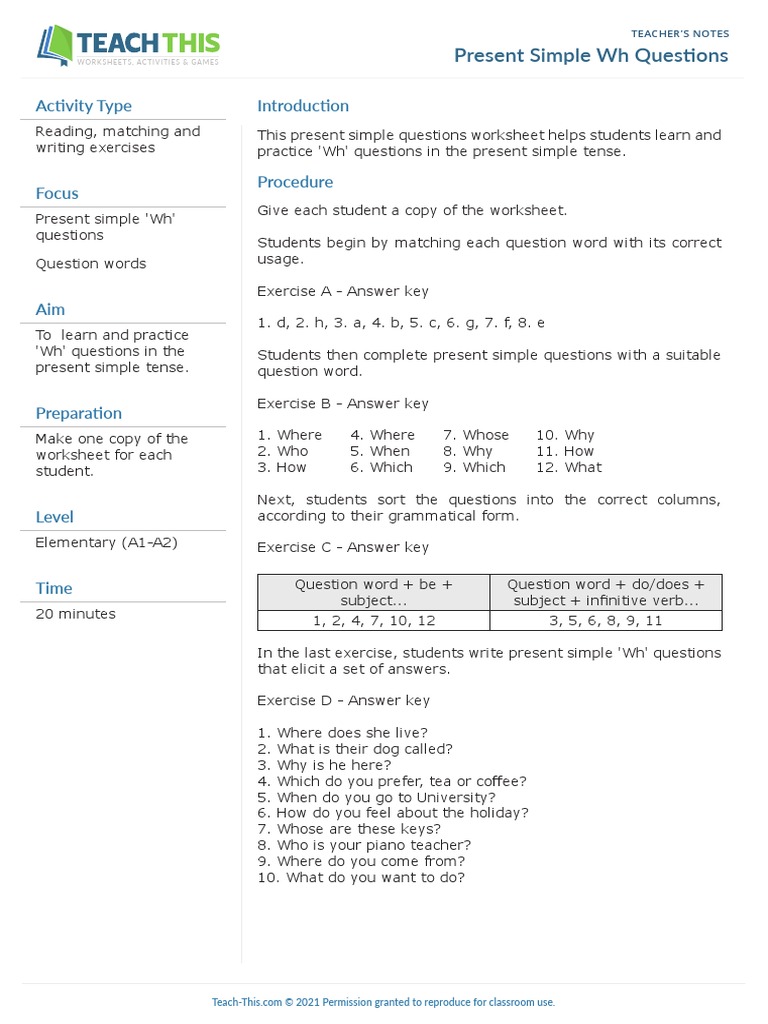 Present Simple WH Questions Worksheet | PDF | Question | Linguistic ...