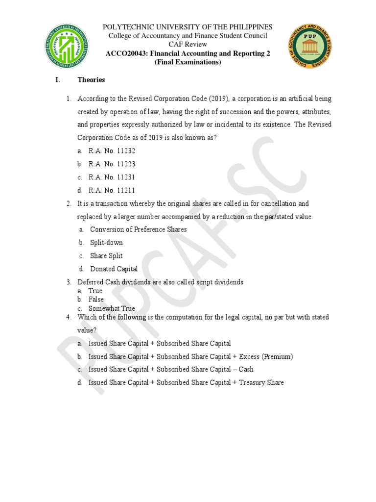 ACCO 20043 Financial Accounting and Reporting 2 Finals | PDF | Treasury ...