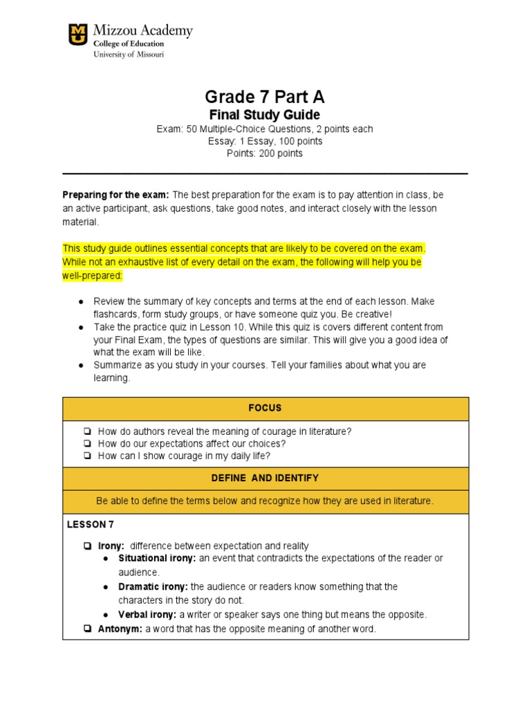 Grade 7 ELA (A) Final Exam Study Guide-1 | Download Free PDF | Irony ...