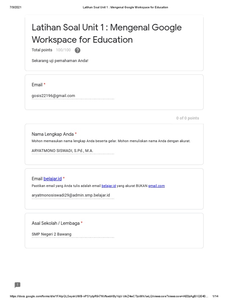 Latihan Soal Unit 1 - Mengenal Google Workspace For Education | PDF | Karier & Perkembangan