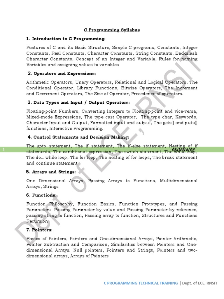 C Programming Syllabus 1 Introduction To C Programming Pdf Pointer 5660