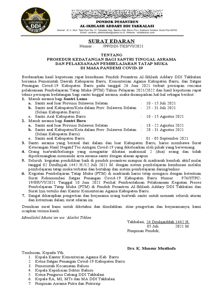 Surat Edaran Prosedur Santri Asrama Dan PTM | PDF