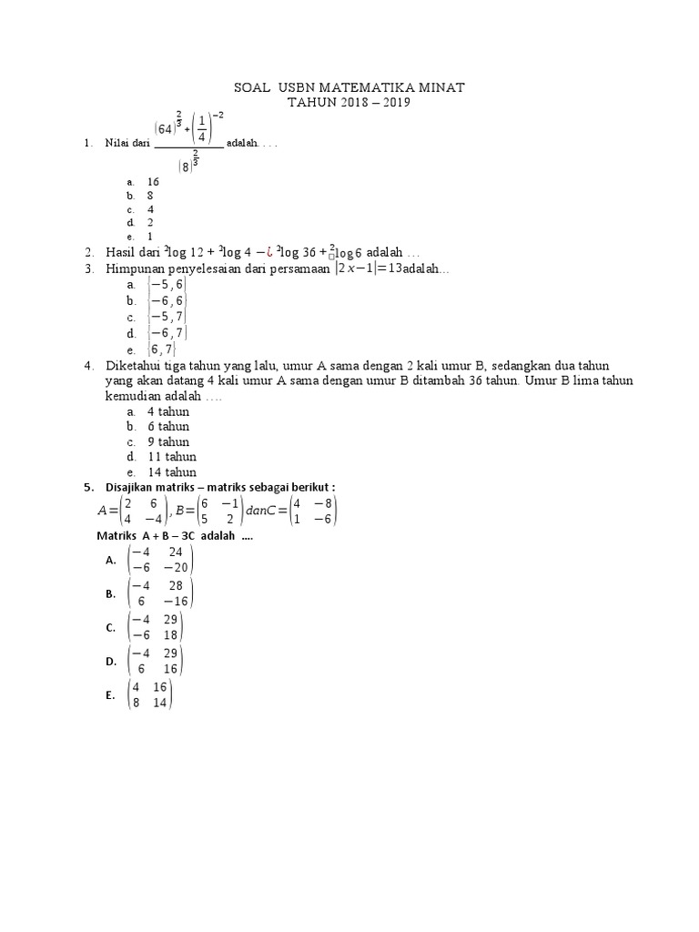 Soal Usbn Matematika 2019 B | PDF