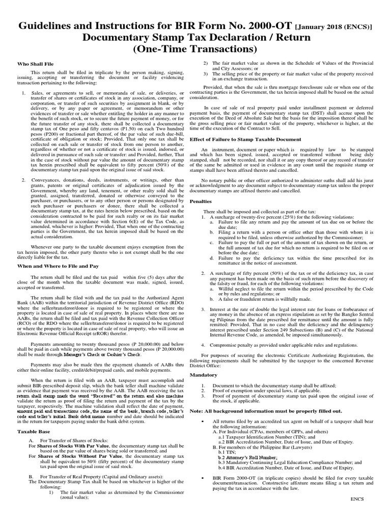 BIR Form 2000-OT Filing Guidelines | PDF | Payments | Taxes