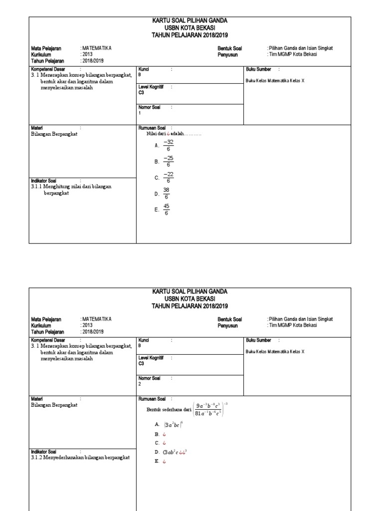 KARTU SOAL USBN MTK Utama Teknologi | PDF