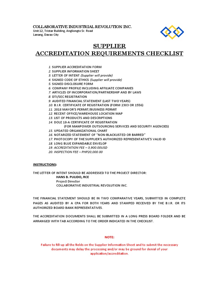 Supplier Accreditation Requirements Checklist: Collaborative Industrial ...