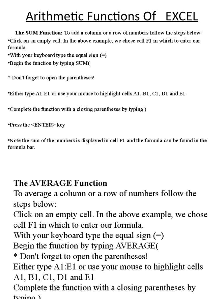 Arithmetic Functions Of Excel: The Sum Function: To Add A Column Or A 