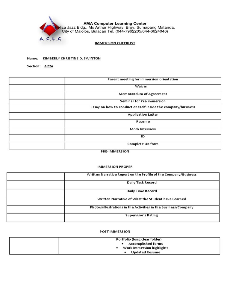 C. Work Immersion Checklist | PDF