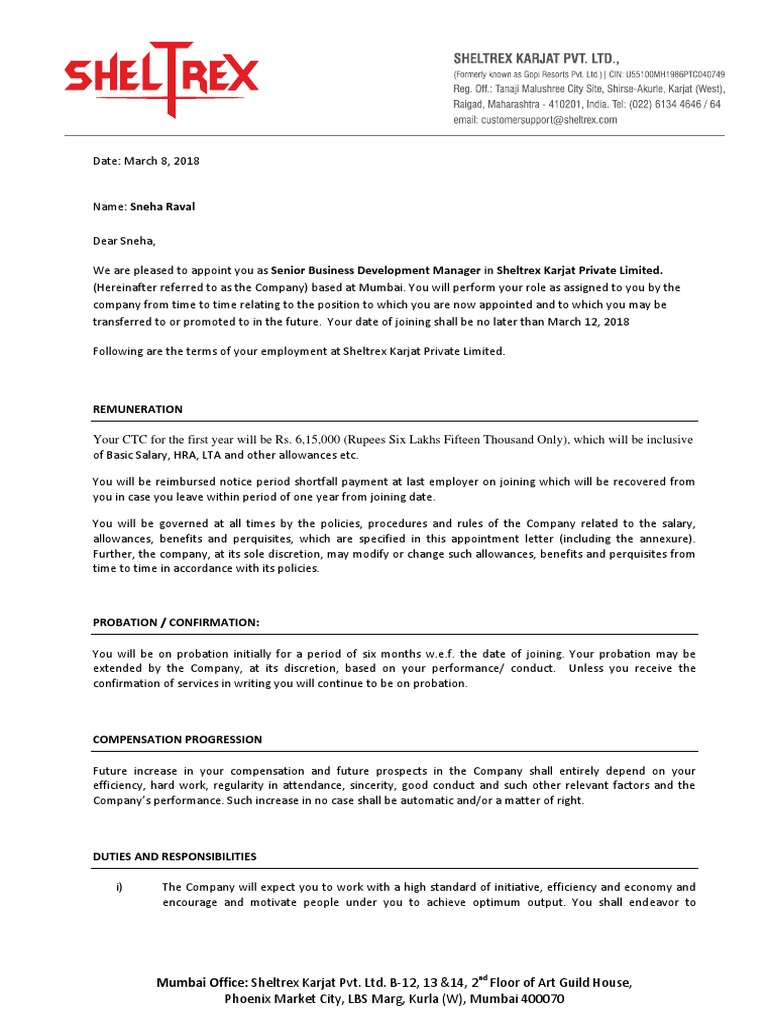 Sneha Raval Offer Letter | PDF | Know How | Confidentiality