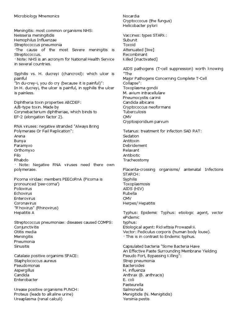 Microbiology Mnemonics | PDF | Streptococcus | Pathogen