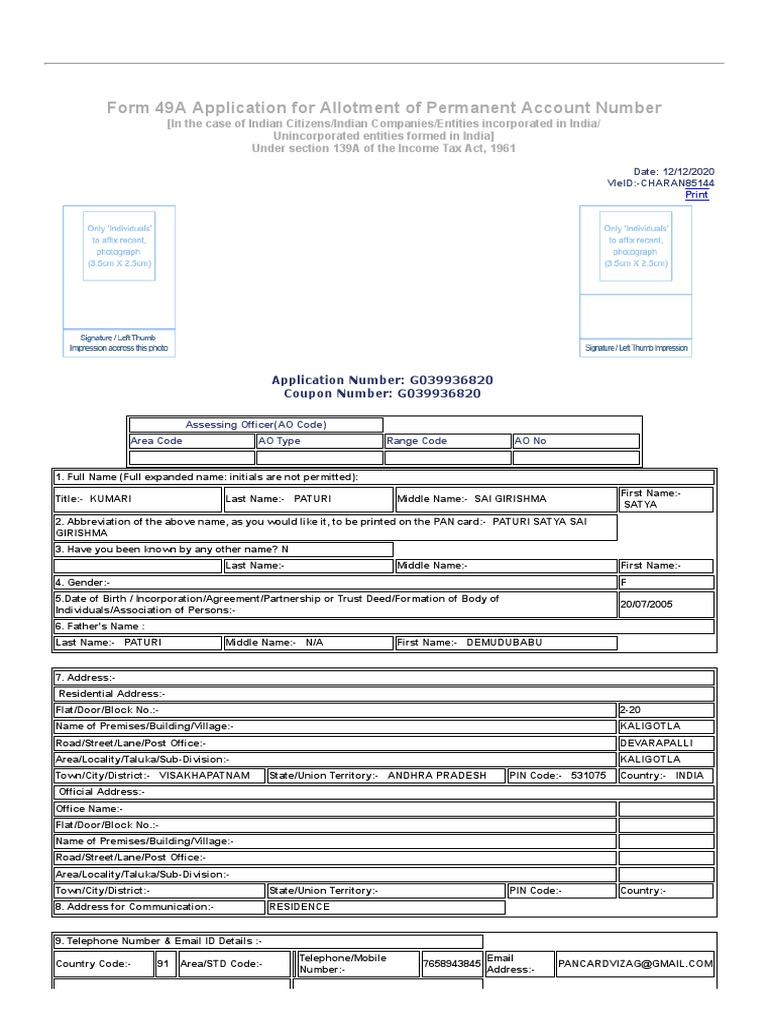 Form 49A Application For Allotment of Permanent Account Number ...