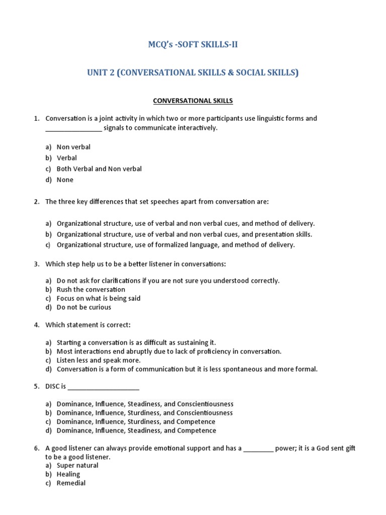Soft Skills MCQs: Conversational & Social Skills | PDF | Conversation ...
