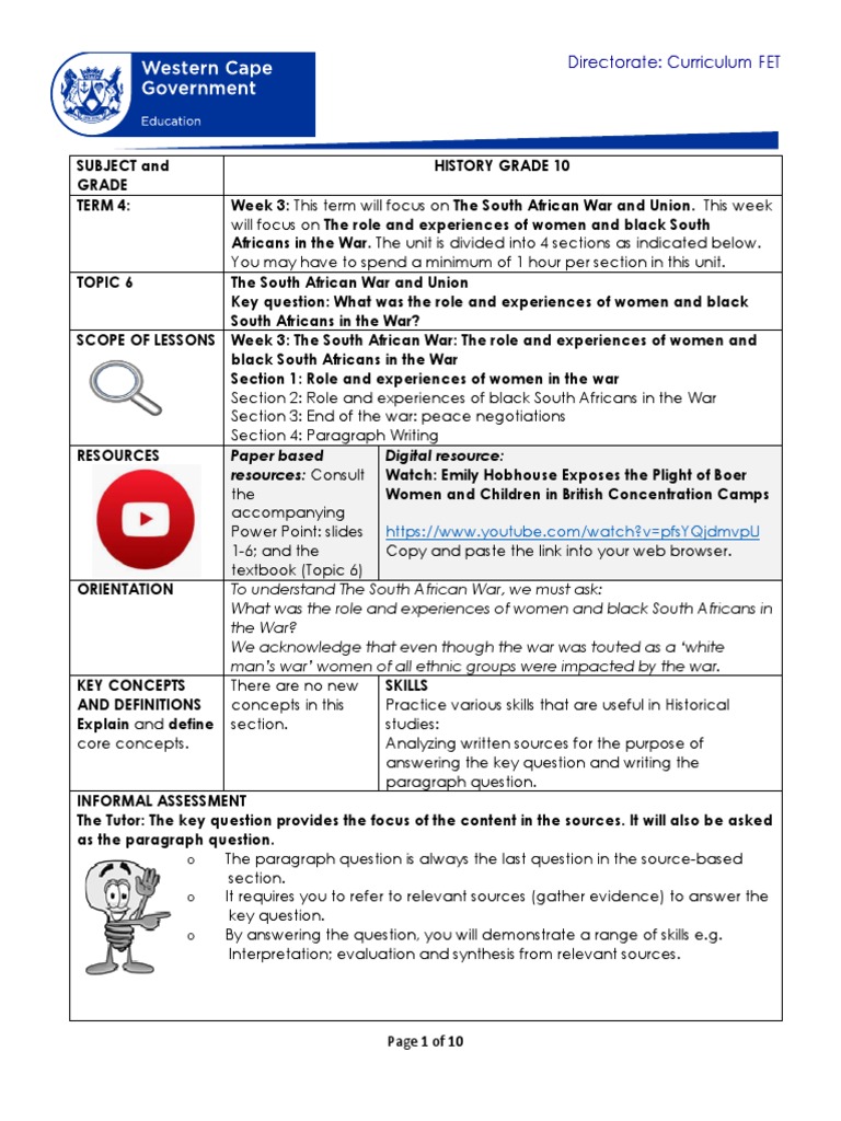 History Grade 10 Term 4 Week 3 - 2020 | PDF | Question | Second Boer War