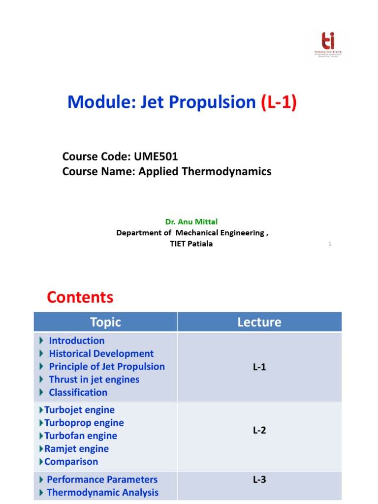 Module: Jet Propulsion: Course Code: UME501 Course Name: Applied ...