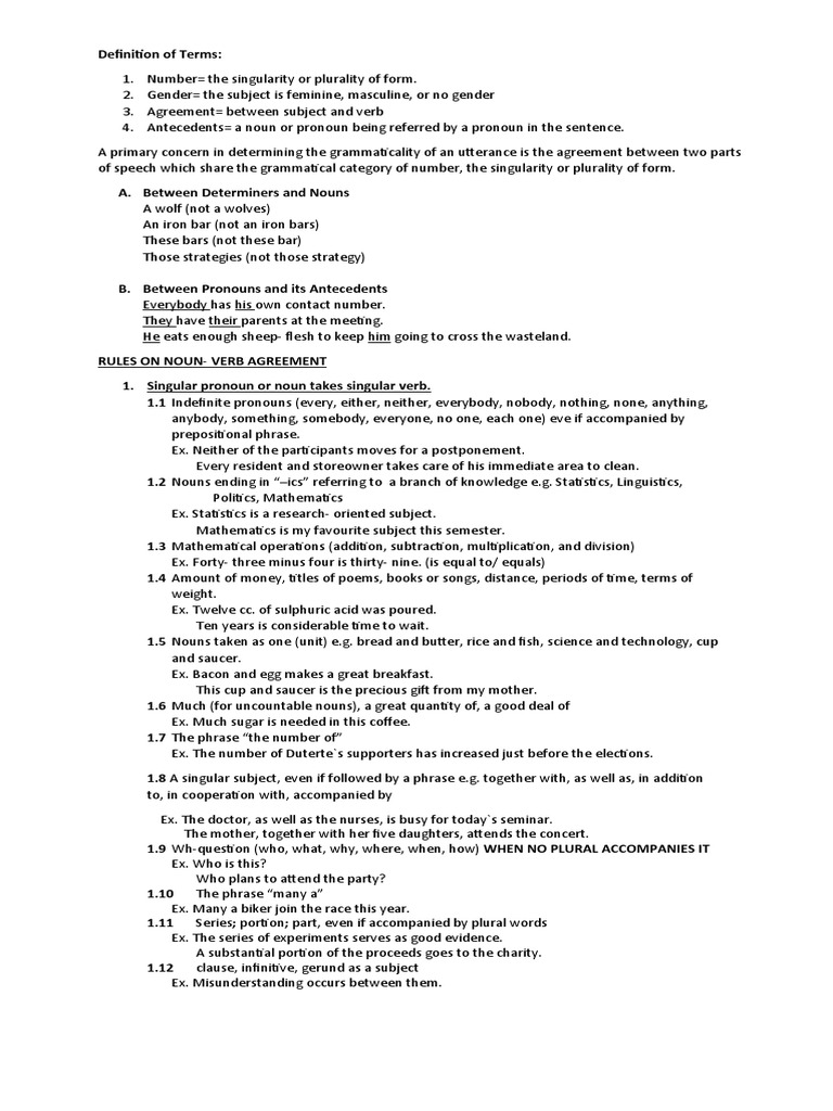 Noun - Verb Agreement | PDF | Grammatical Gender | Noun