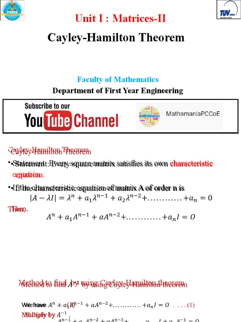 Cayley-Hamilton Theorem: Unit I: Matrices-II | PDF