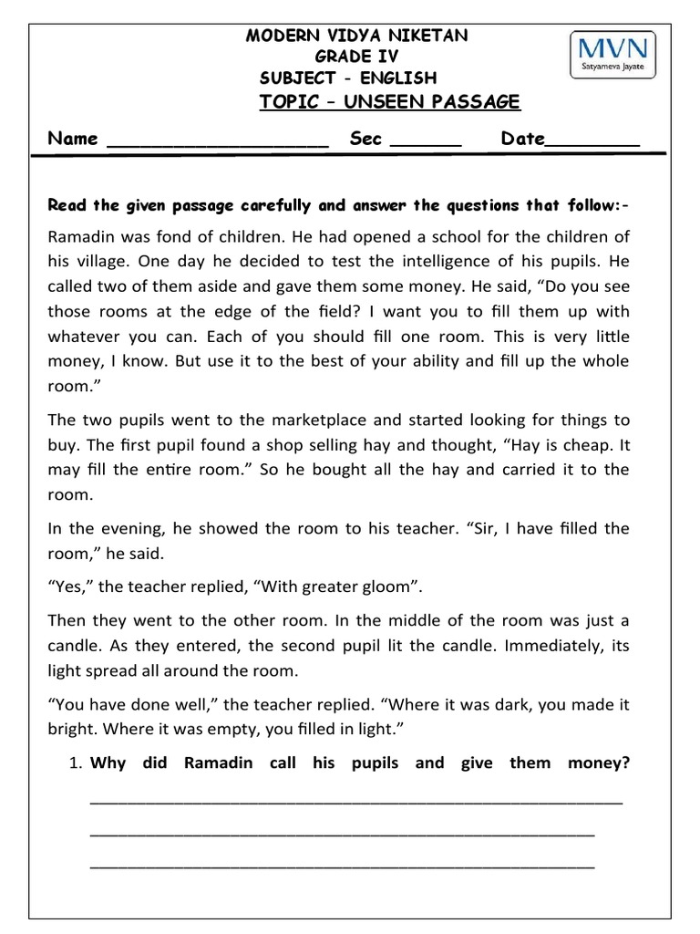 Unseen Passage 100 English Unseen Passages For Class 5 CBSE By