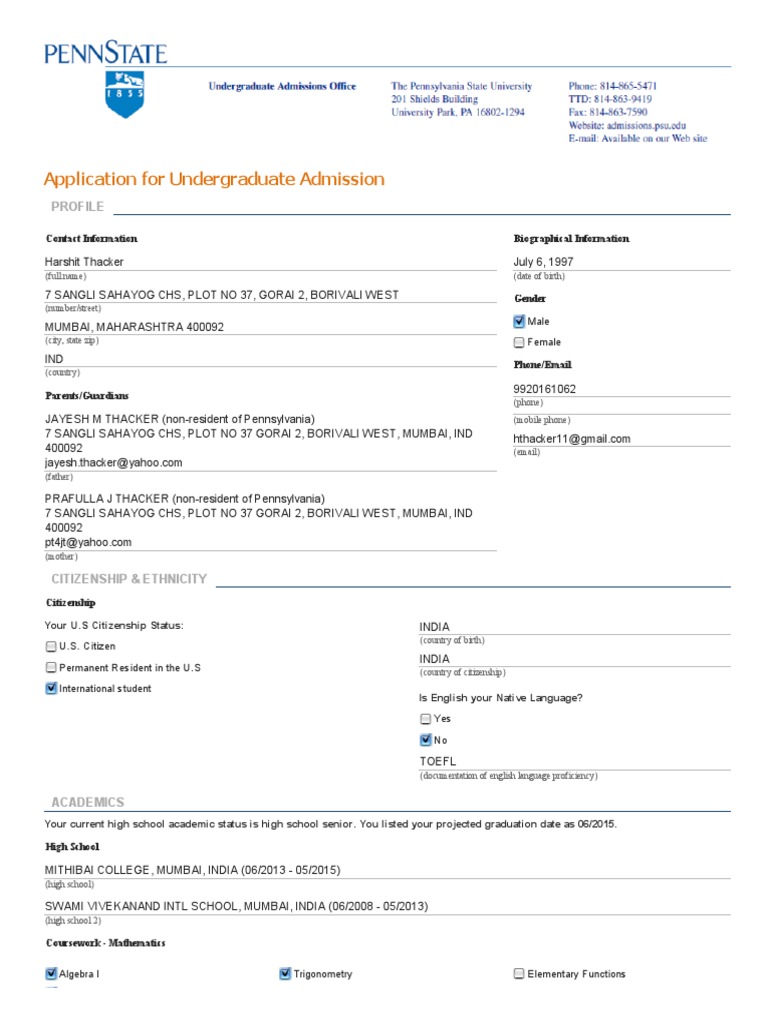 Application For Undergraduate Admission: Profile | PDF | Academic ...