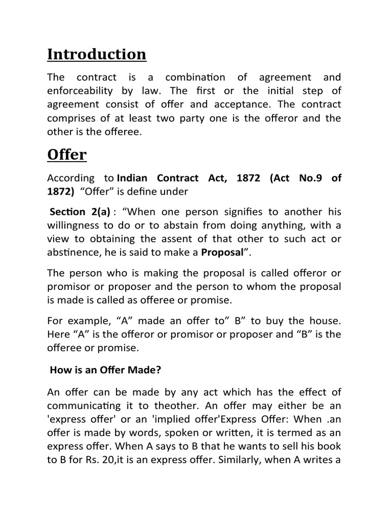 The Essentials of a Valid Offer According to Indian Contract Law | PDF ...