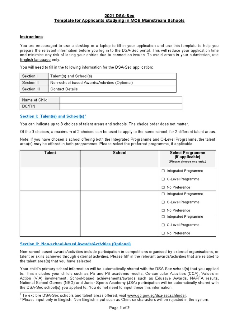 2021 DSA-Sec Template For Applicants Studying in MOE Mainstream Schools ...