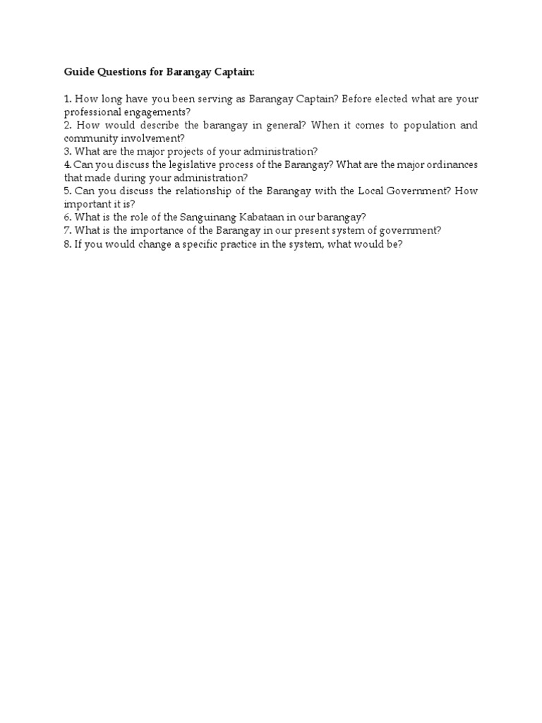 Guide Questions For Barangay Captain | PDF