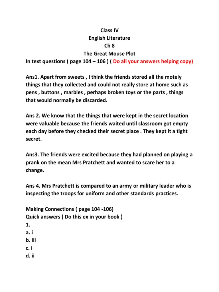 Class IV CH 8 The Great Mouse Plot Question N Answers. | PDF