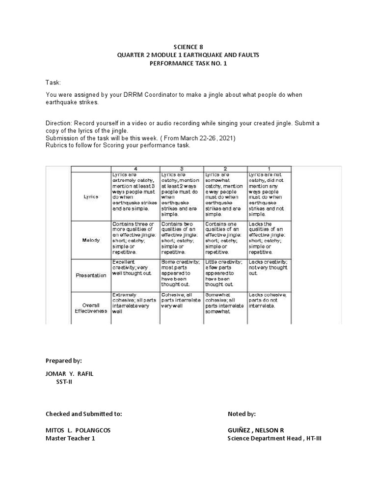 Earthquake Jingle Performance Task | PDF