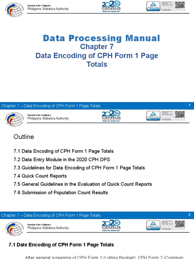 Data Processing Manual: Data Encoding of CPH Form 1 Page Totals | PDF | Census | Statistics