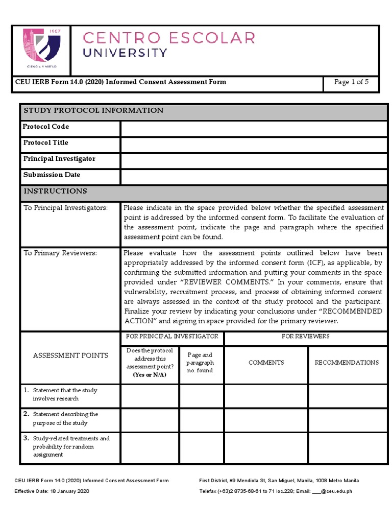 CEU IERB Form 14.0 (2020) Informed Conse | PDF | Medical Record ...