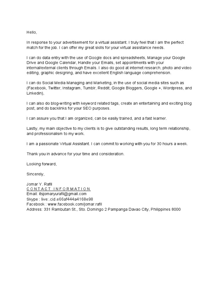 Cover Letter - Virtual Assistant | PDF