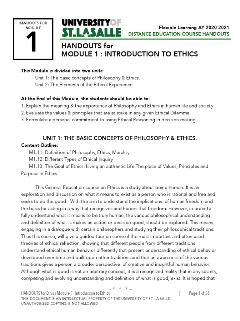 Handouts For Module 1 Introduction To Ethics | PDF | Relativism | Morality