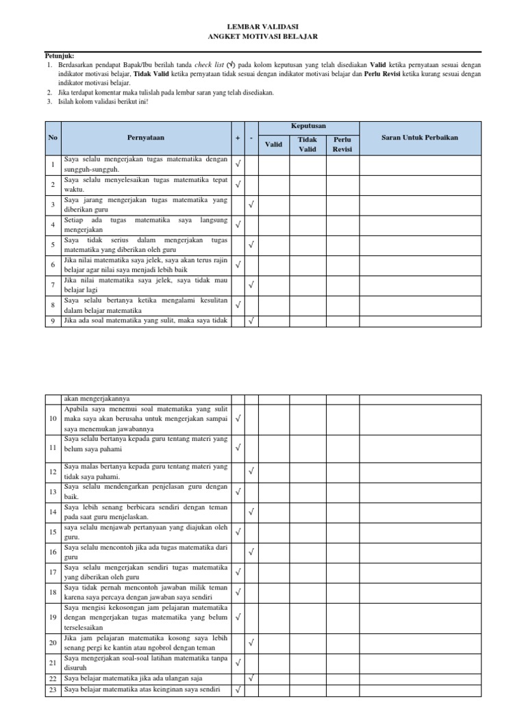 Lembar Validasi Angket Motivasi Belajar | PDF