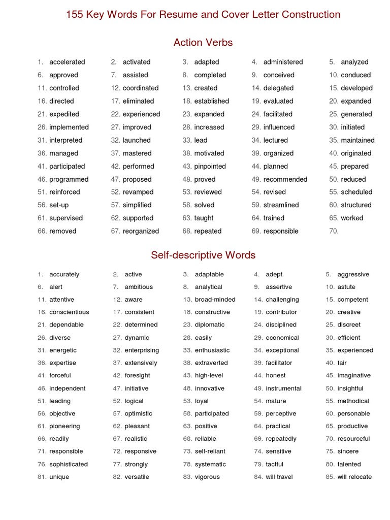 155 Key Words For Resume and Cover Letter | PDF | Recruitment | Phrase