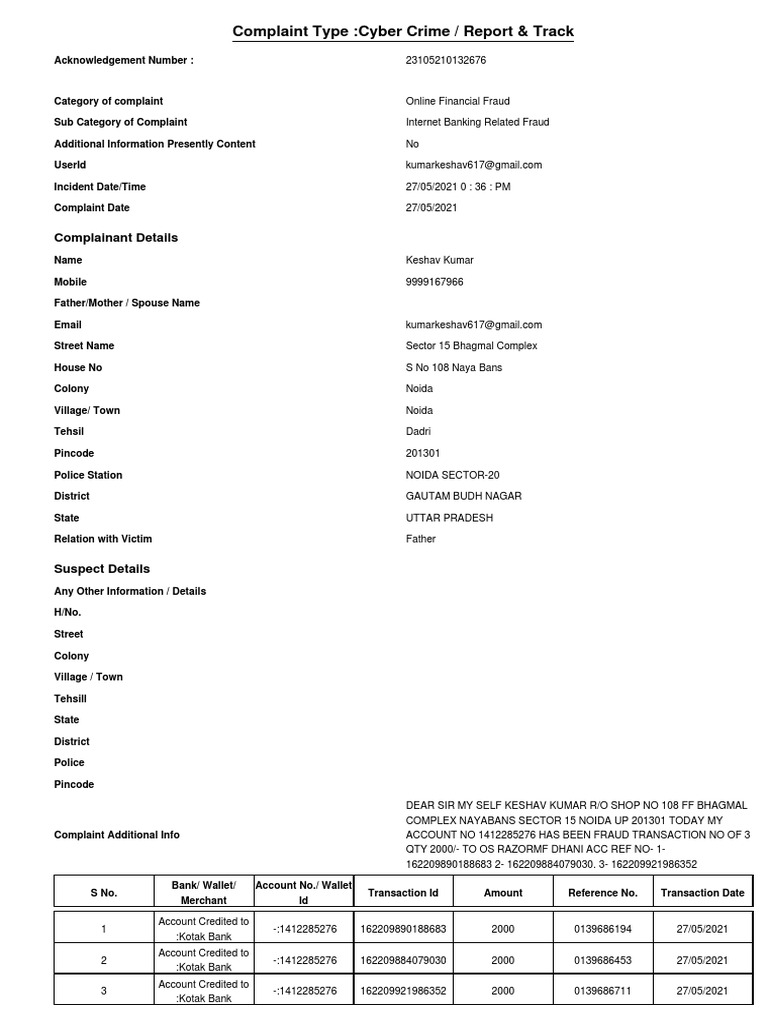 Complaint Type:Cyber Crime / Report & Track: Complainant Details | PDF ...