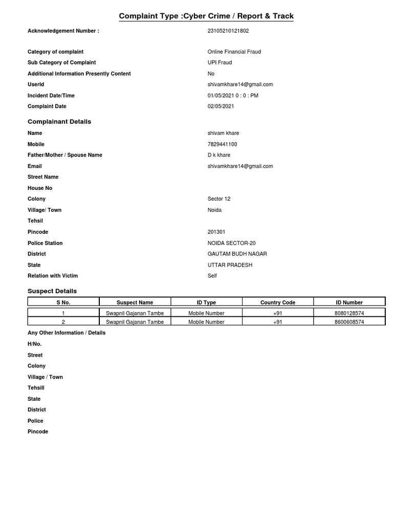 Complaint Type:Cyber Crime / Report & Track: Complainant Details | PDF ...