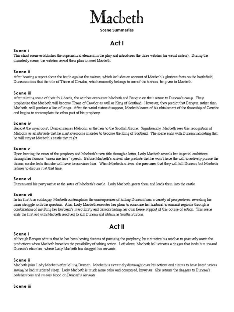 Macbeth Scene Summaries | PDF | Macbeth | Shakespearean Tragedies