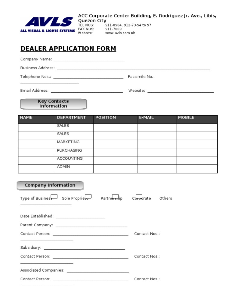 Dealer Application Form Template | PDF | Fax | Telecommunications