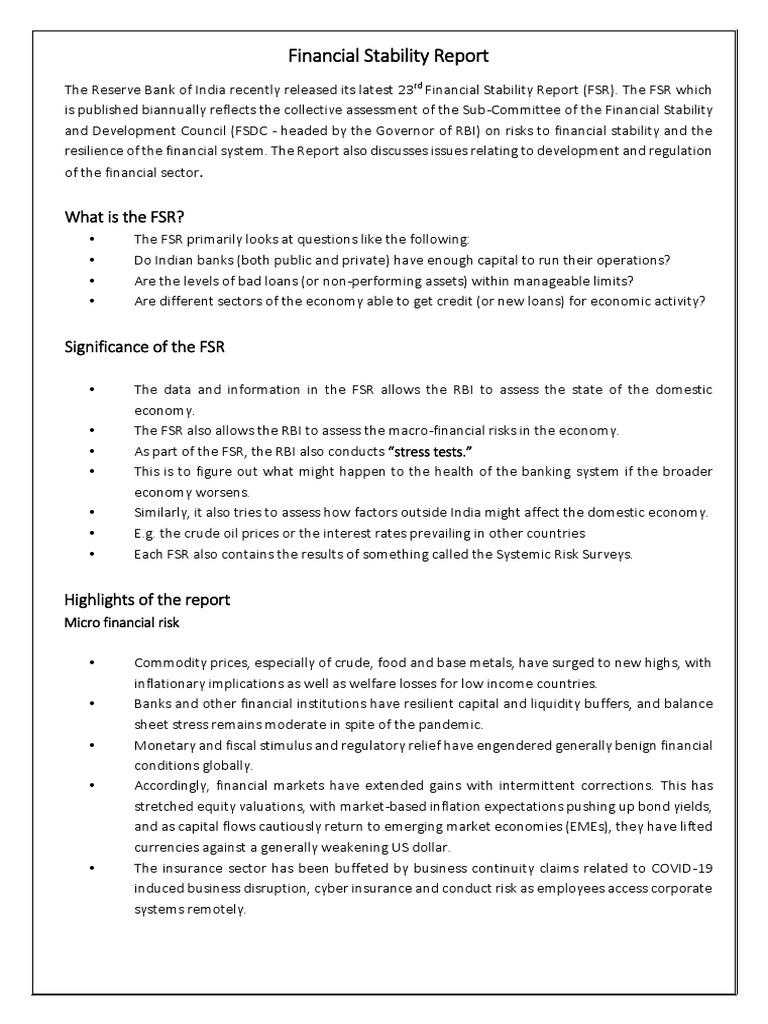 Financial Stability Report | PDF | Bankruptcy | Reserve Bank Of India