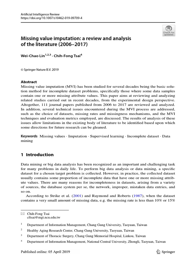 Missing Value Imputation A Review and Analysis of The Literature (2006-2017) | PDF | Regression ...