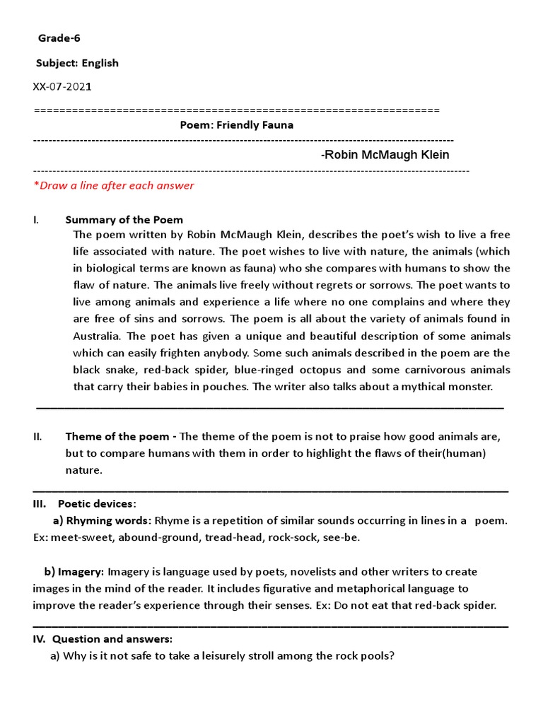 G6 Notes of The Poem - Friendly Fauna | PDF | Poetry