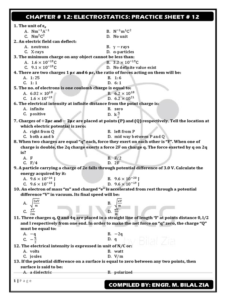Chapter # 12: Electrostatics: Practice Sheet # 12: Compiled By: Engr. M. Bilal Zia | PDF ...