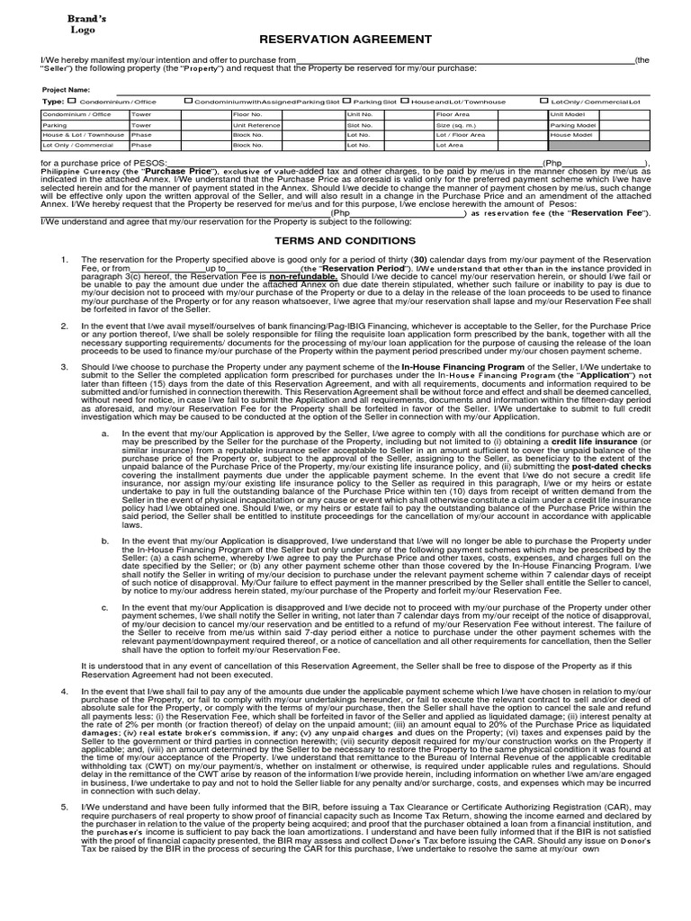 Reservation Agreement: Project Name: Type | PDF | Life Insurance | Deed