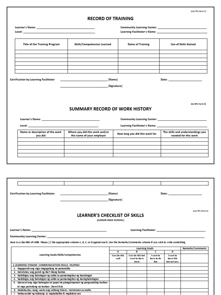ALS RPL 2 3 4 JHS Learners Checklist of Skills ALS RPL Form 4 | PDF ...